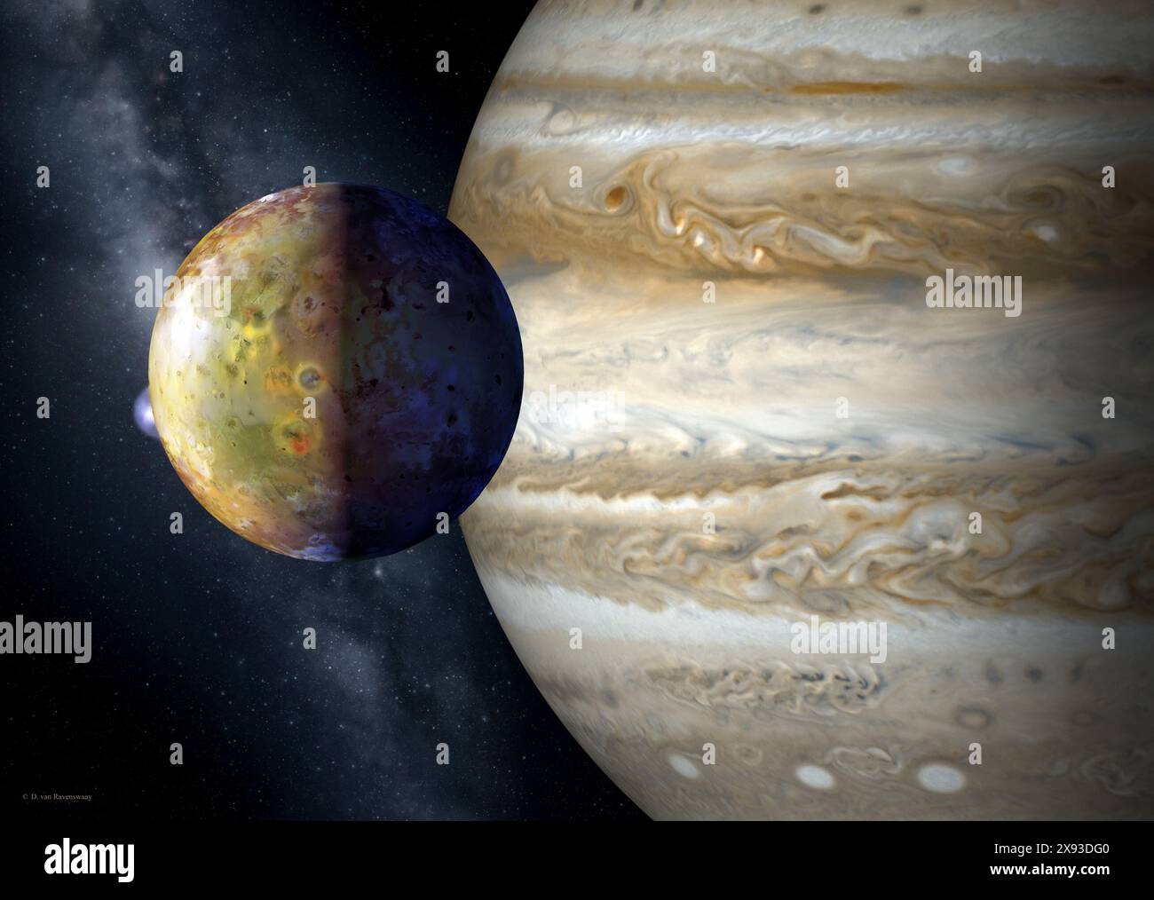 Illustration showing the planet Jupiter (right) with Io, one of its ...