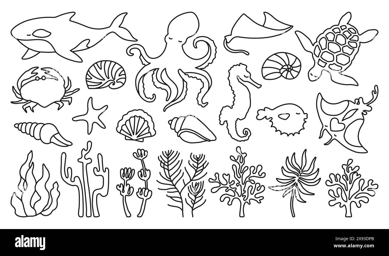 Ocean sea animals simple symbols set. Marine signs funny comic cartoon ...