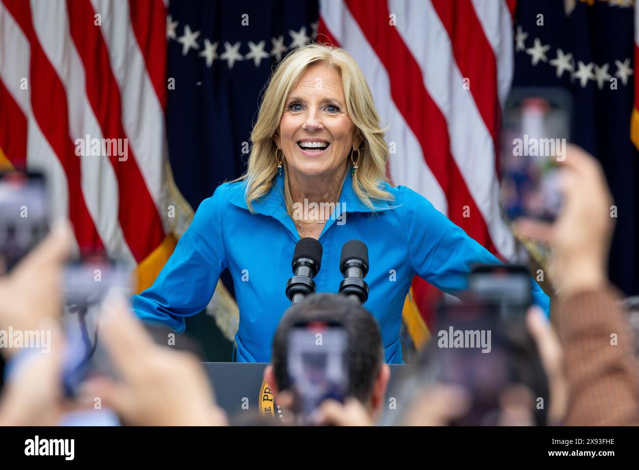 First Lady Dr. Biden speaking to the crowd at the White House Cinco De ...