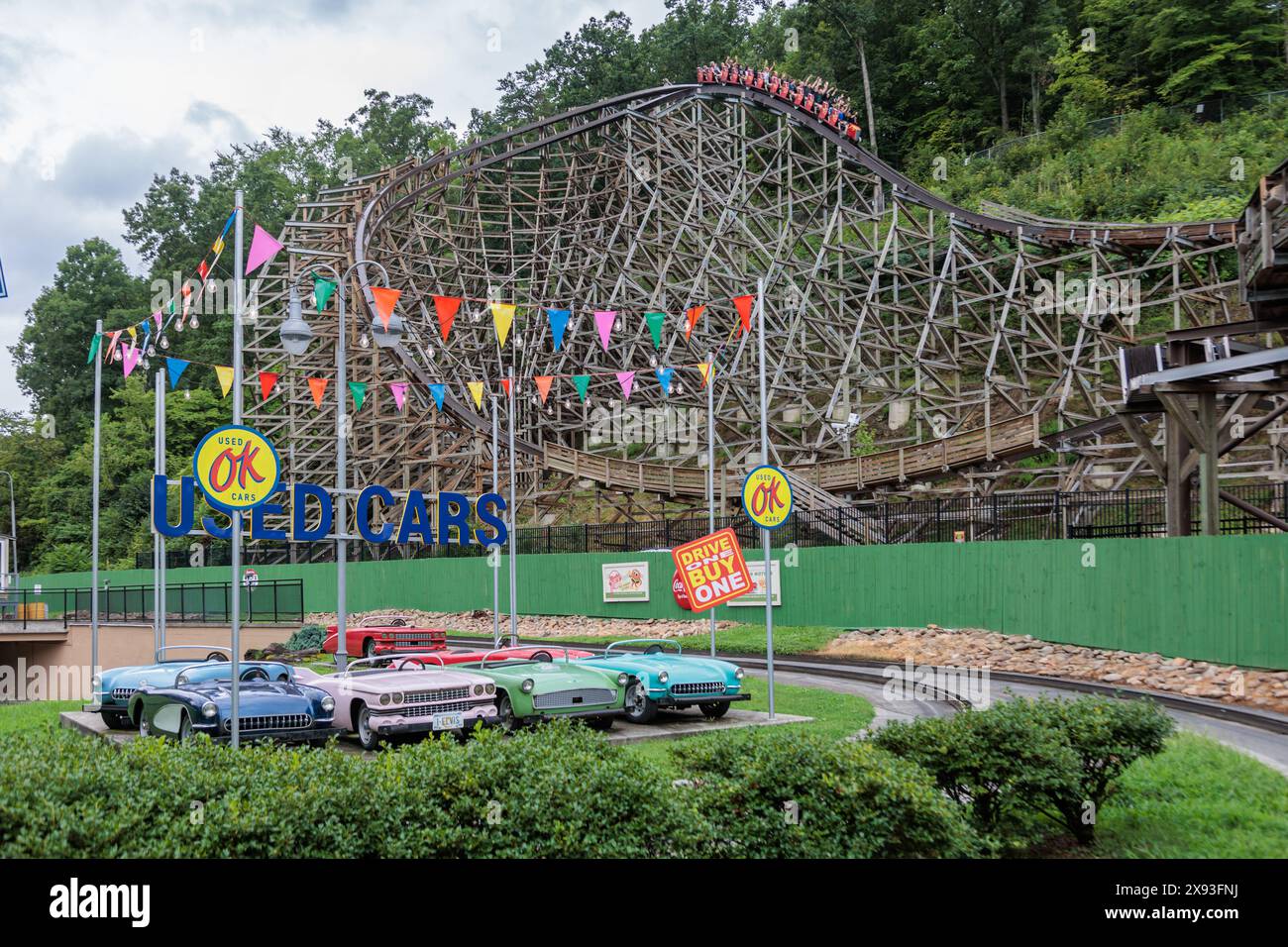 Lightning Rod roller coaster behind replica cars of the Rockin' Roadway ...