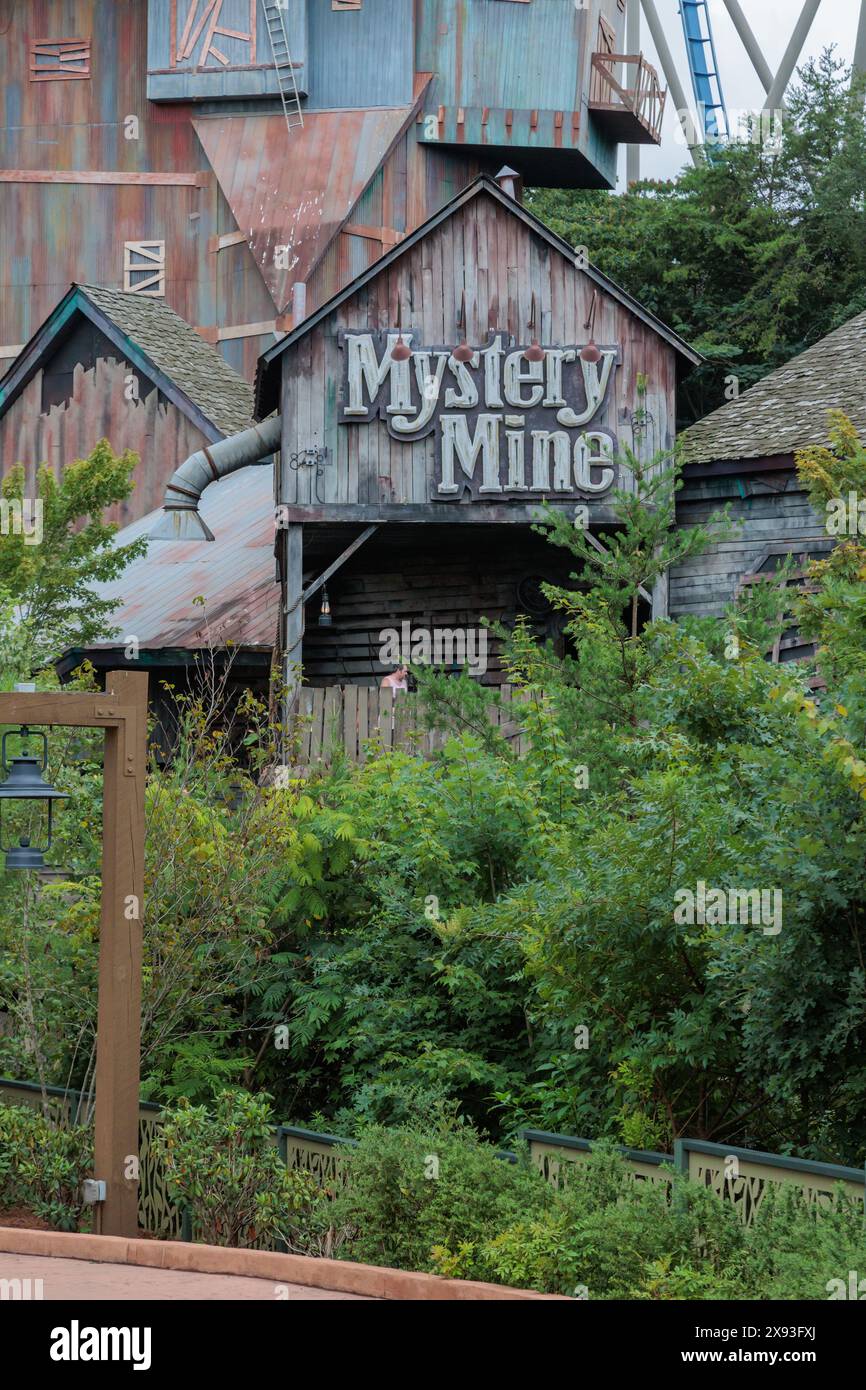 Sign on the building near the entrance to the Mystery Mine roller coaster ride at the Dollywood ...