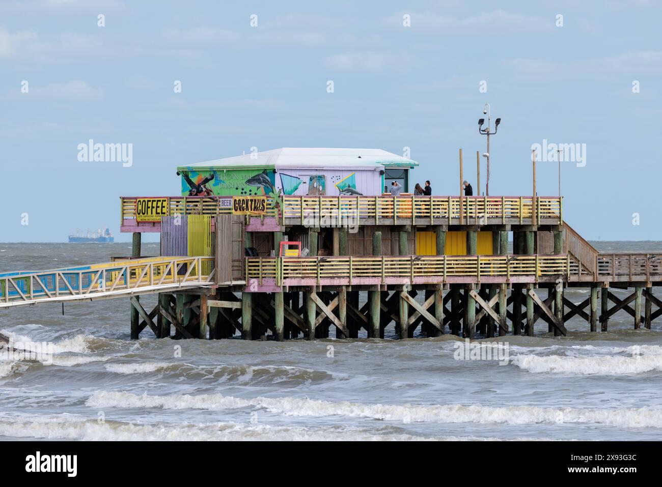 Pelicans and the Shark bar at the 61st Street Fishing Pier on the Texas ...