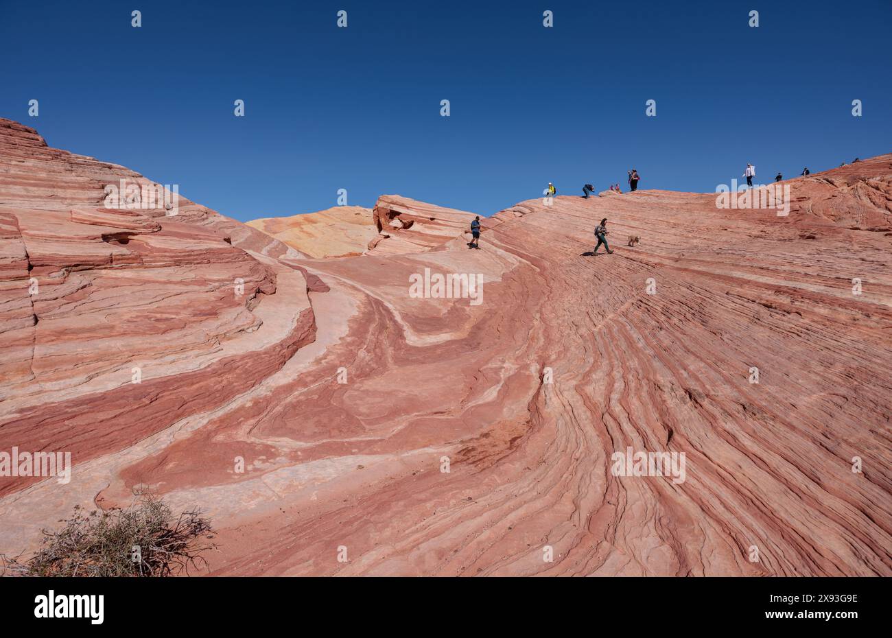 Park visitors on the layered sandstone rock formations in the Fire Wave ...