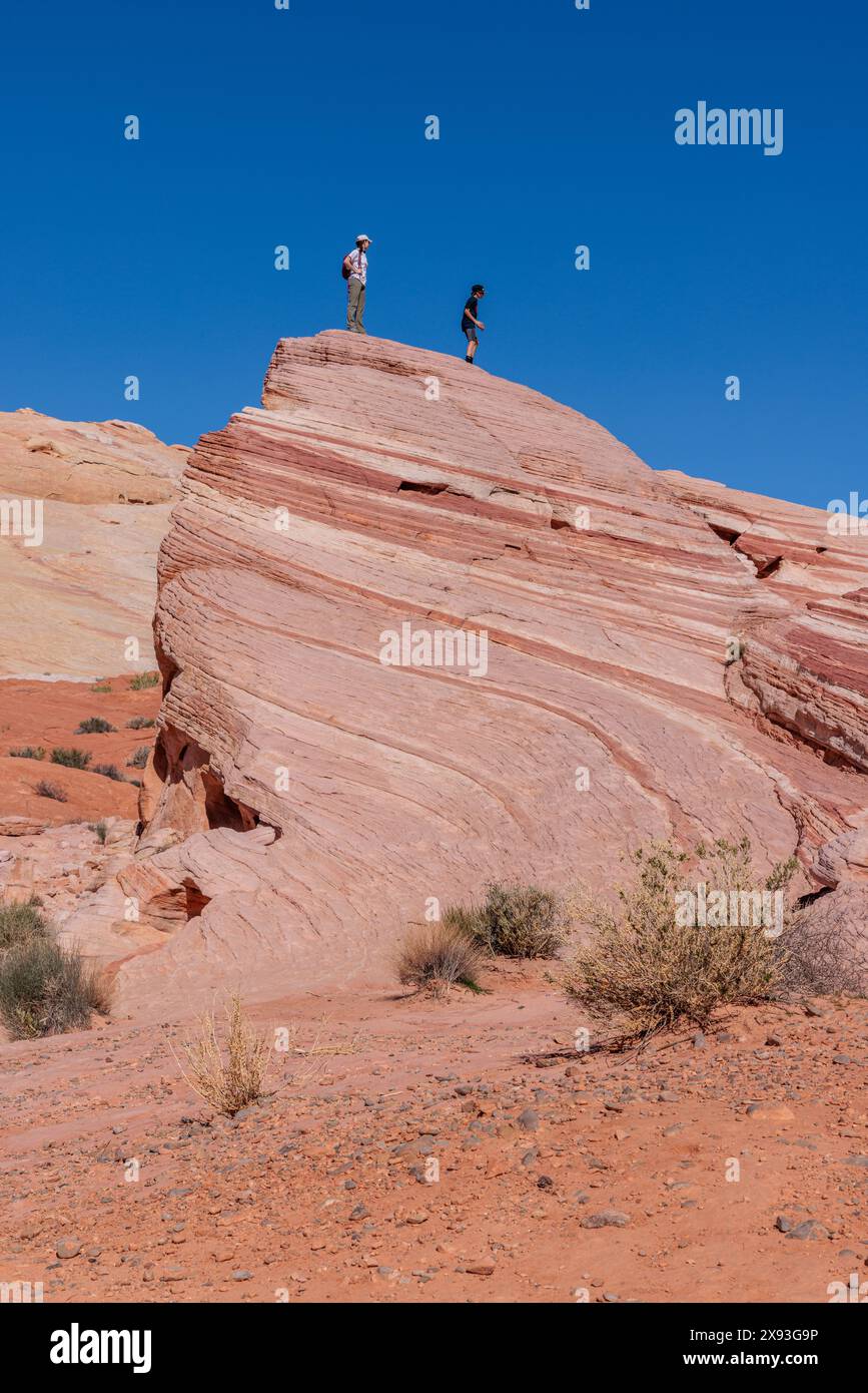Hikers on top of a layered sandstone rock formation in the Fire Wave ...