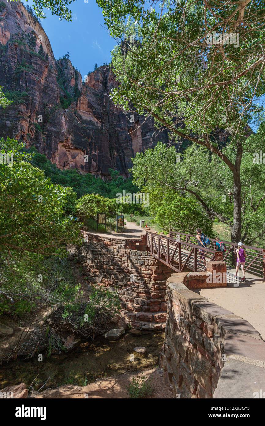 Foot bridge over a stream at the Weeping Rock trailhead from Zion ...
