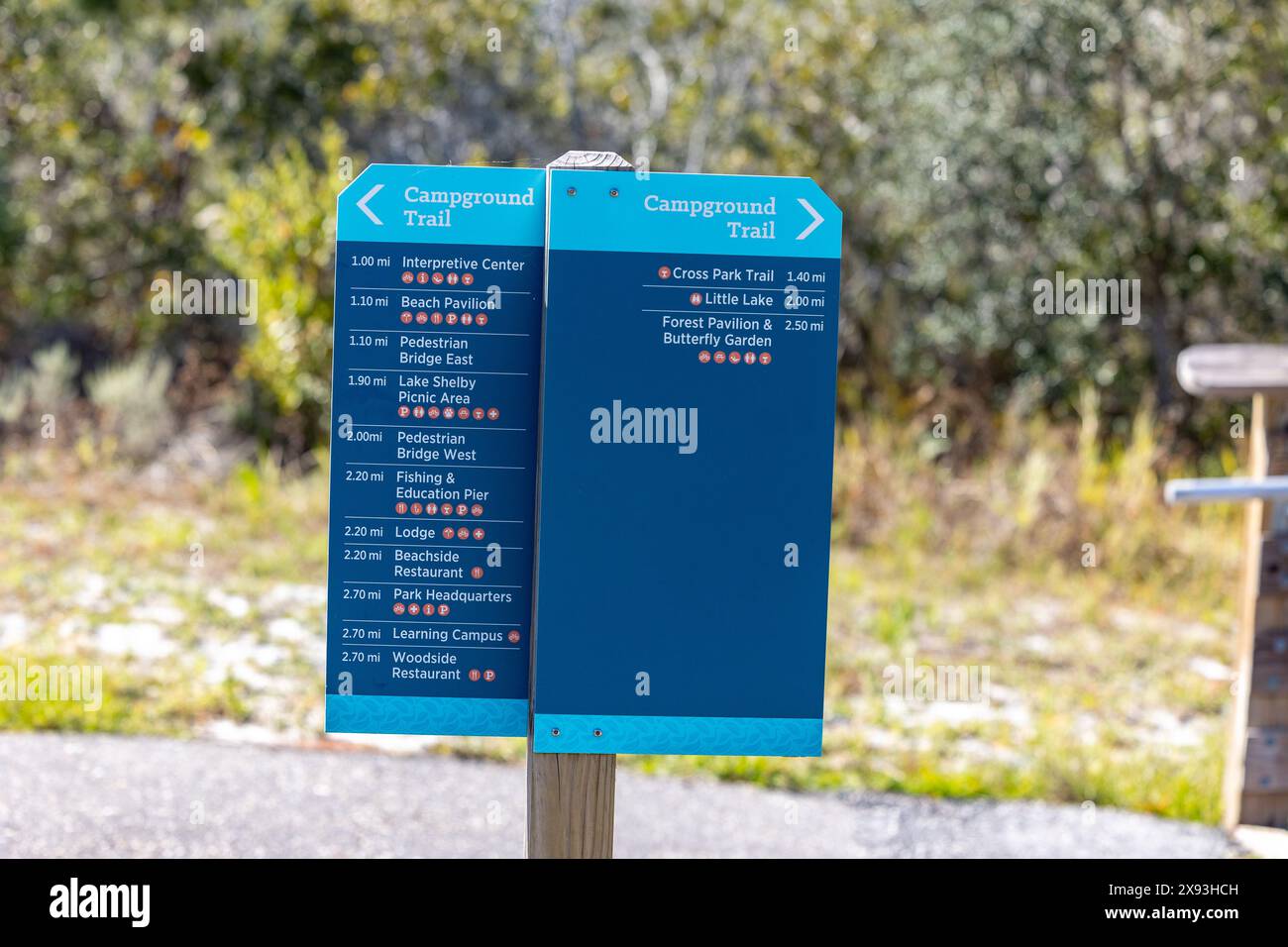 Sign at Campground Trail in Gulf State Park informs hikers of distance ...