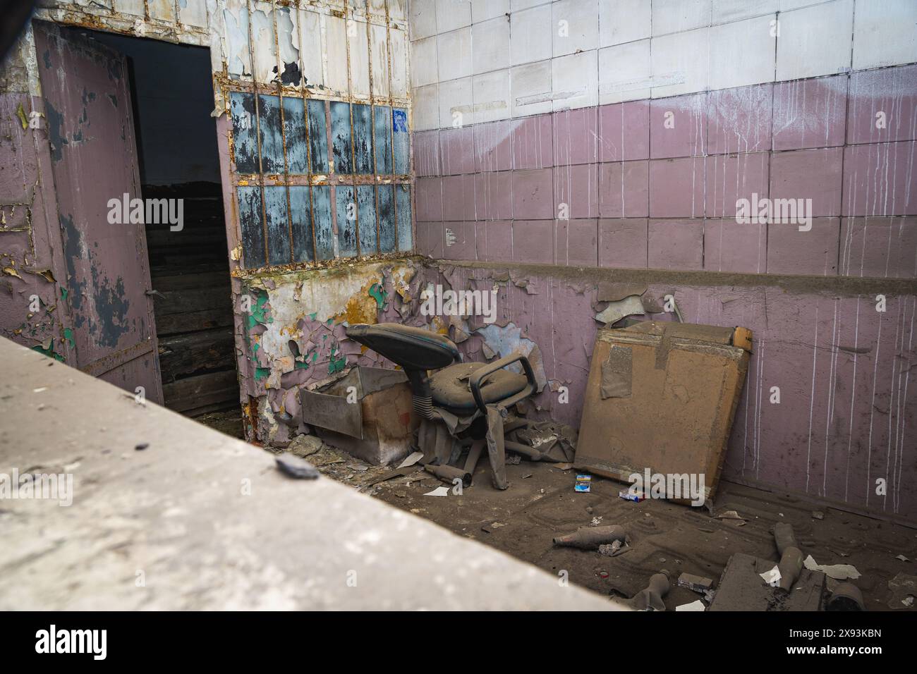 Old ruin room covered in dust with broken chair in desolated abandoned ...