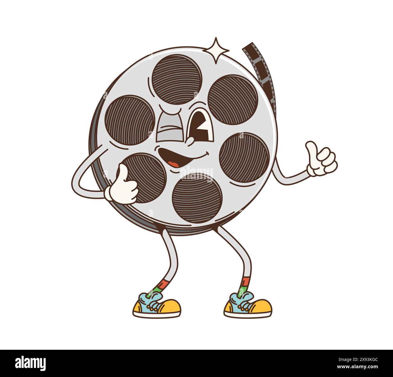 Groovy retro cartoon movie film funky character with happy face, vector ...