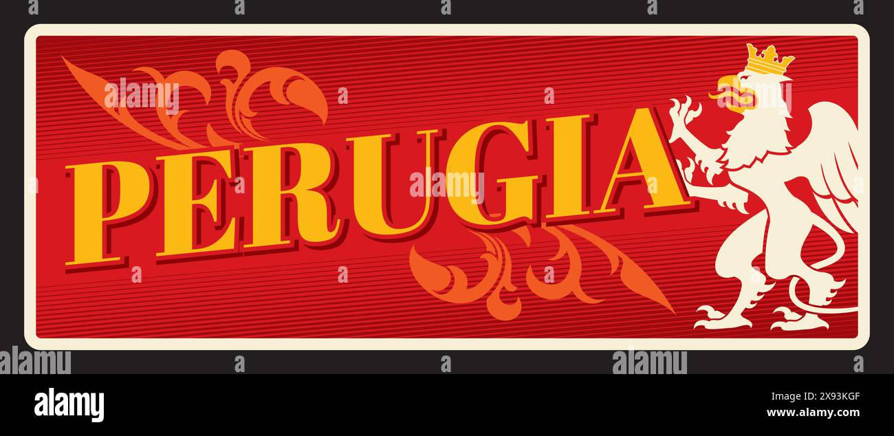 Perugia capital city of Umbria in central Italy. Vector travel plate ...