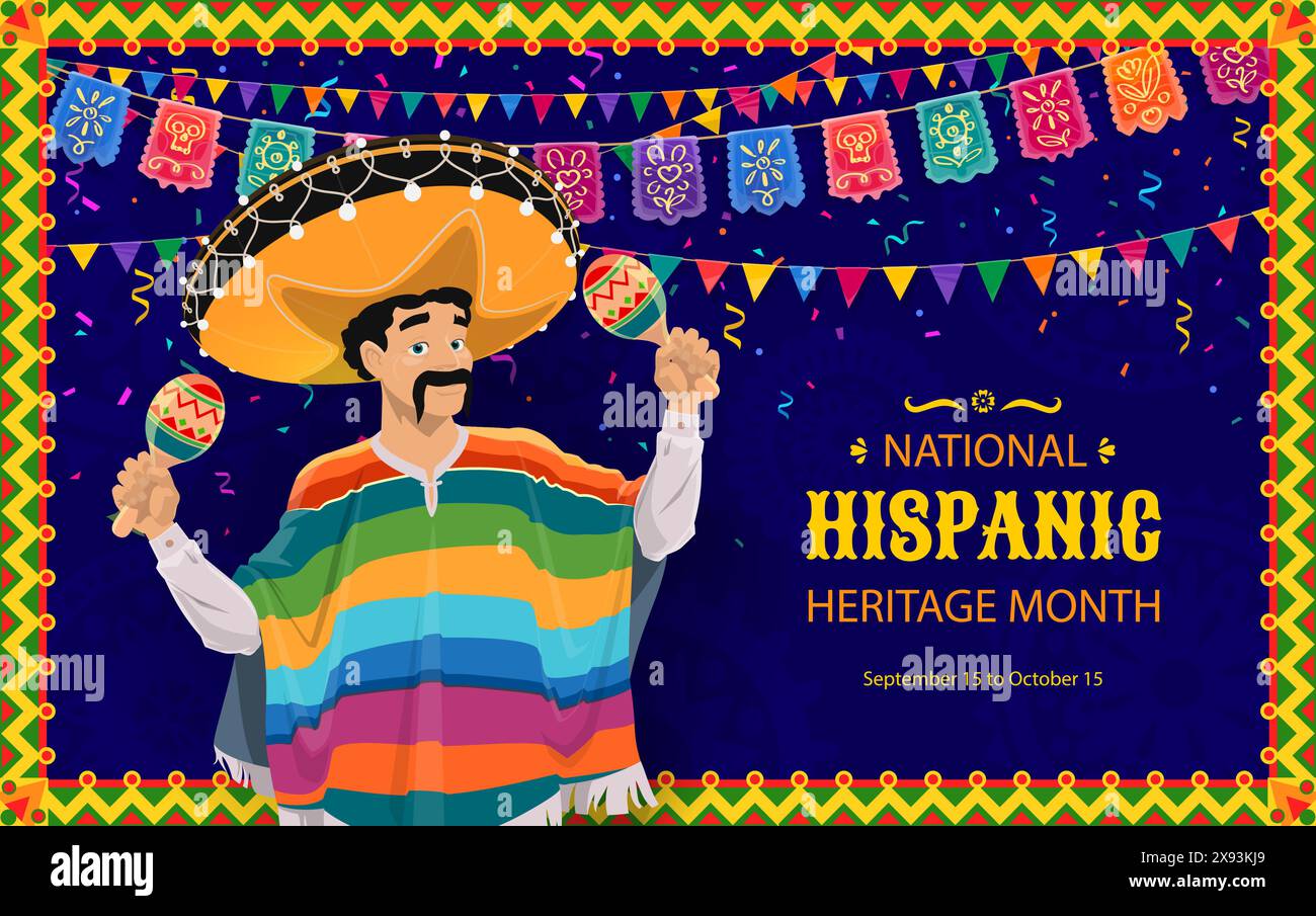 Character in poncho and sombrero hat for national Hispanic heritage month festival poster ...