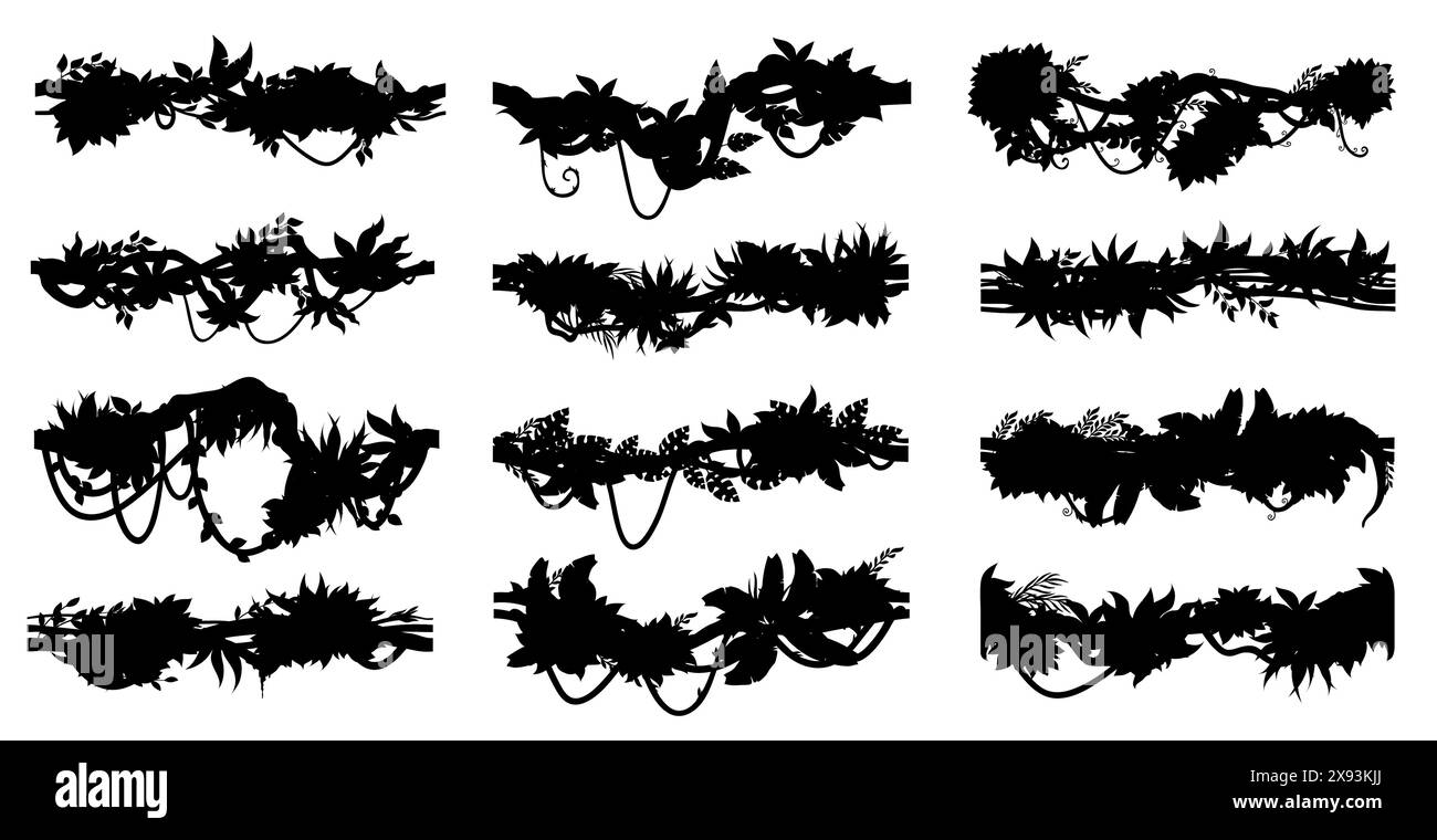 Jungle tropical liana branch vines and ivy plants silhouettes, vector ...