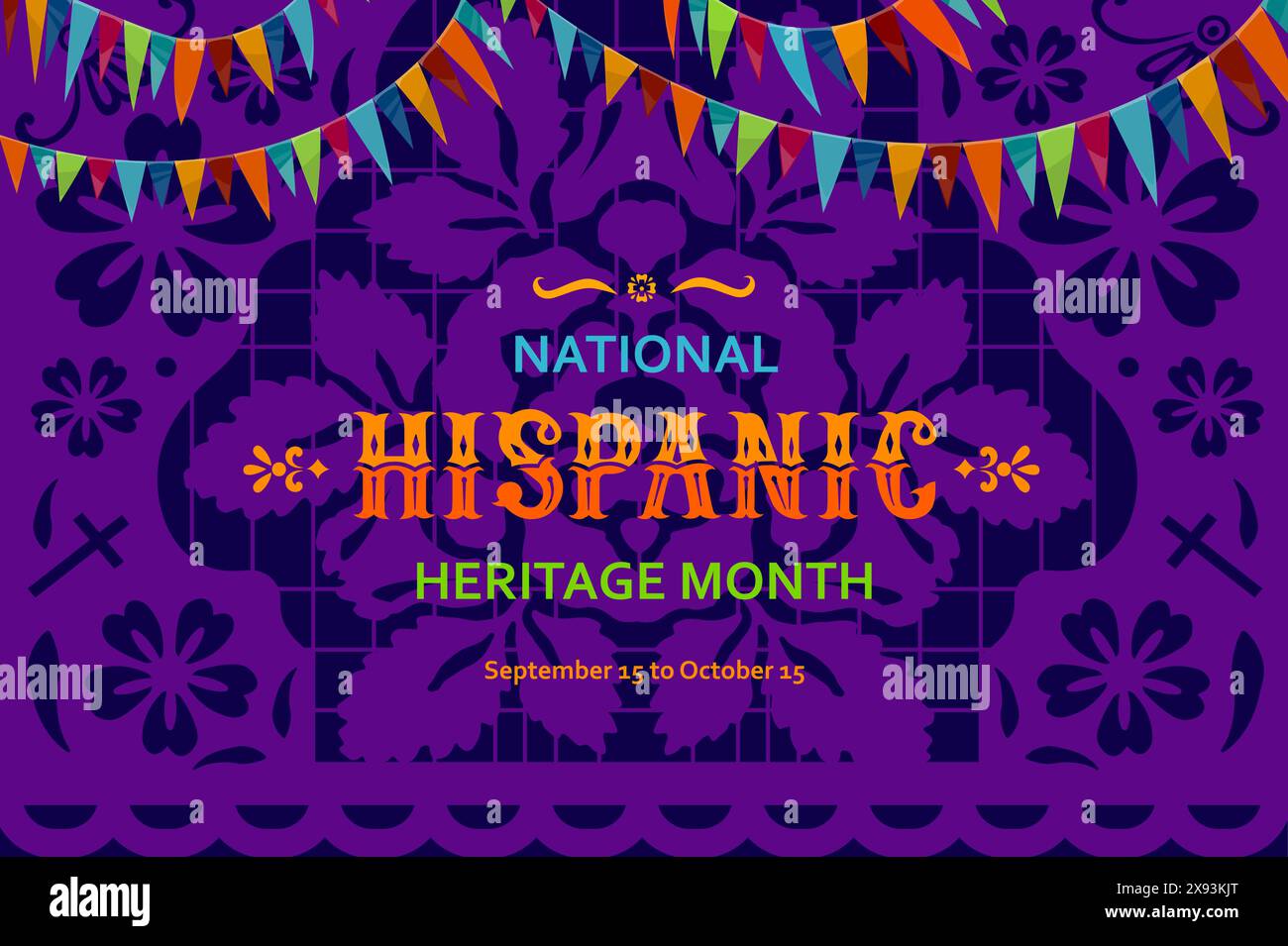 Papel picado banner and holiday flags for national Hispanic heritage month festival, vector ...
