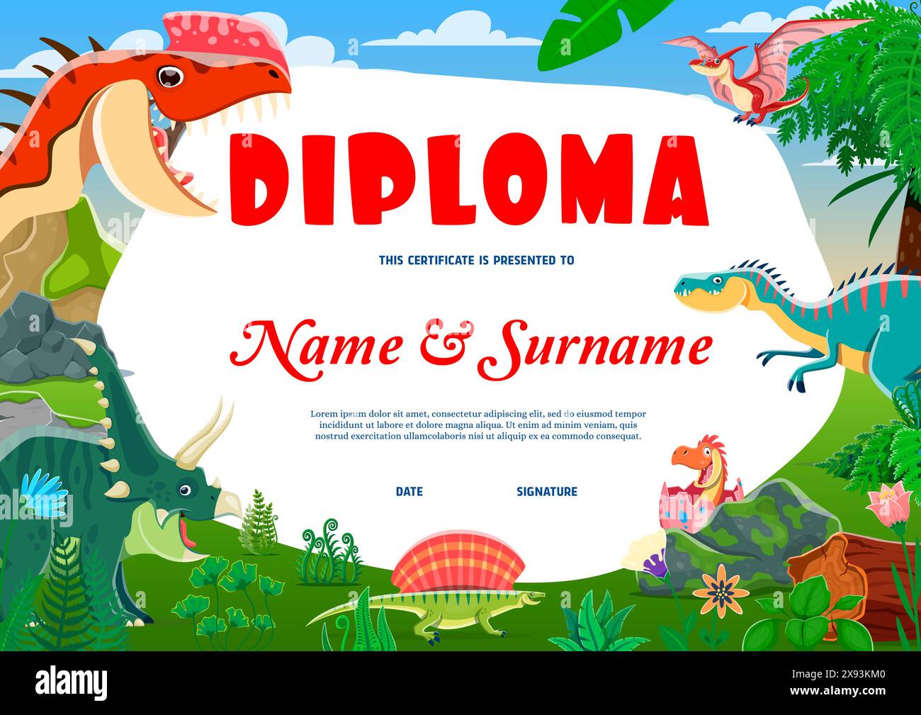 Kids diploma with funny dinosaurs and dino for education certificate ...