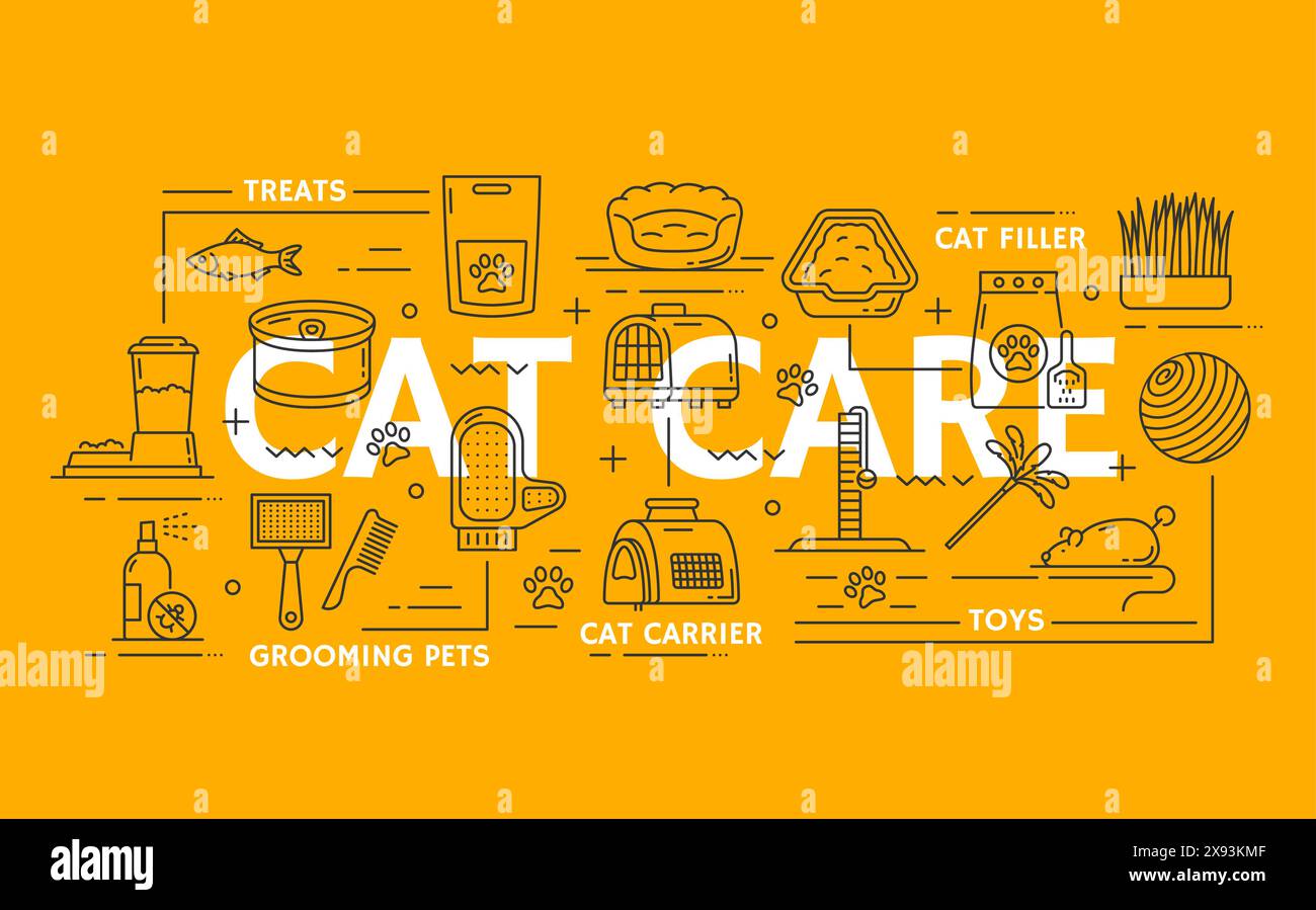 Cat pet care icons. Linear vector signs set depicts treats, toilet ...