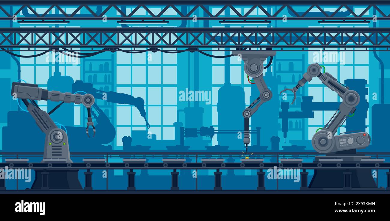 Factory robot conveyor line, machinery industry. Vector industrial background with automated ...