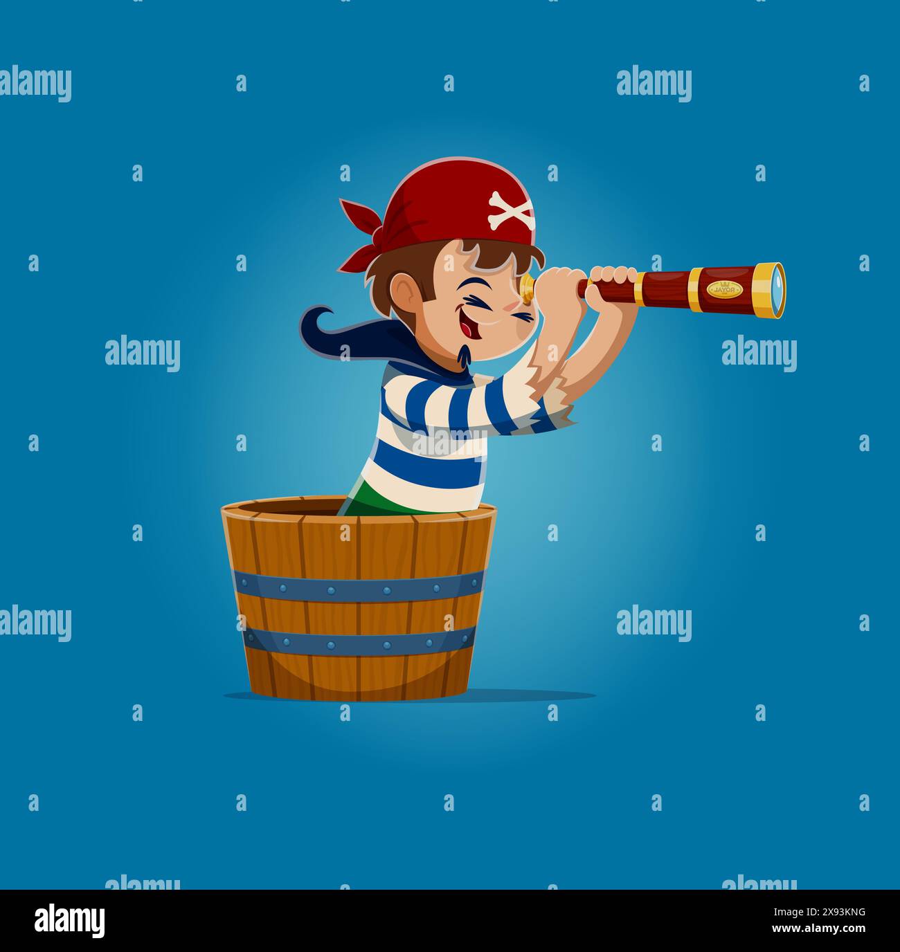 Cartoon kid cabin boy pirate with spyglass. Vector adventurous young corsair, sailor child using ...