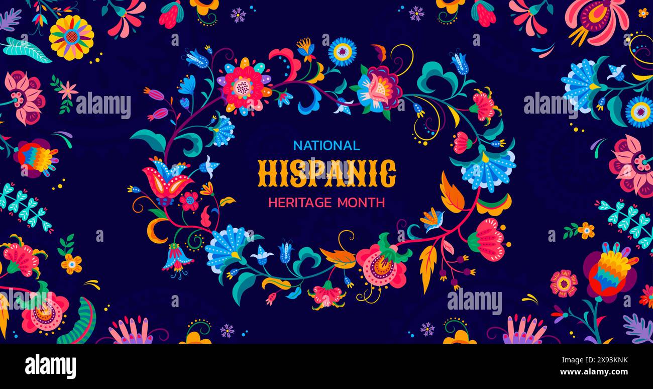 National Hispanic heritage month banner with flowers frame, Latin America holiday vector ...