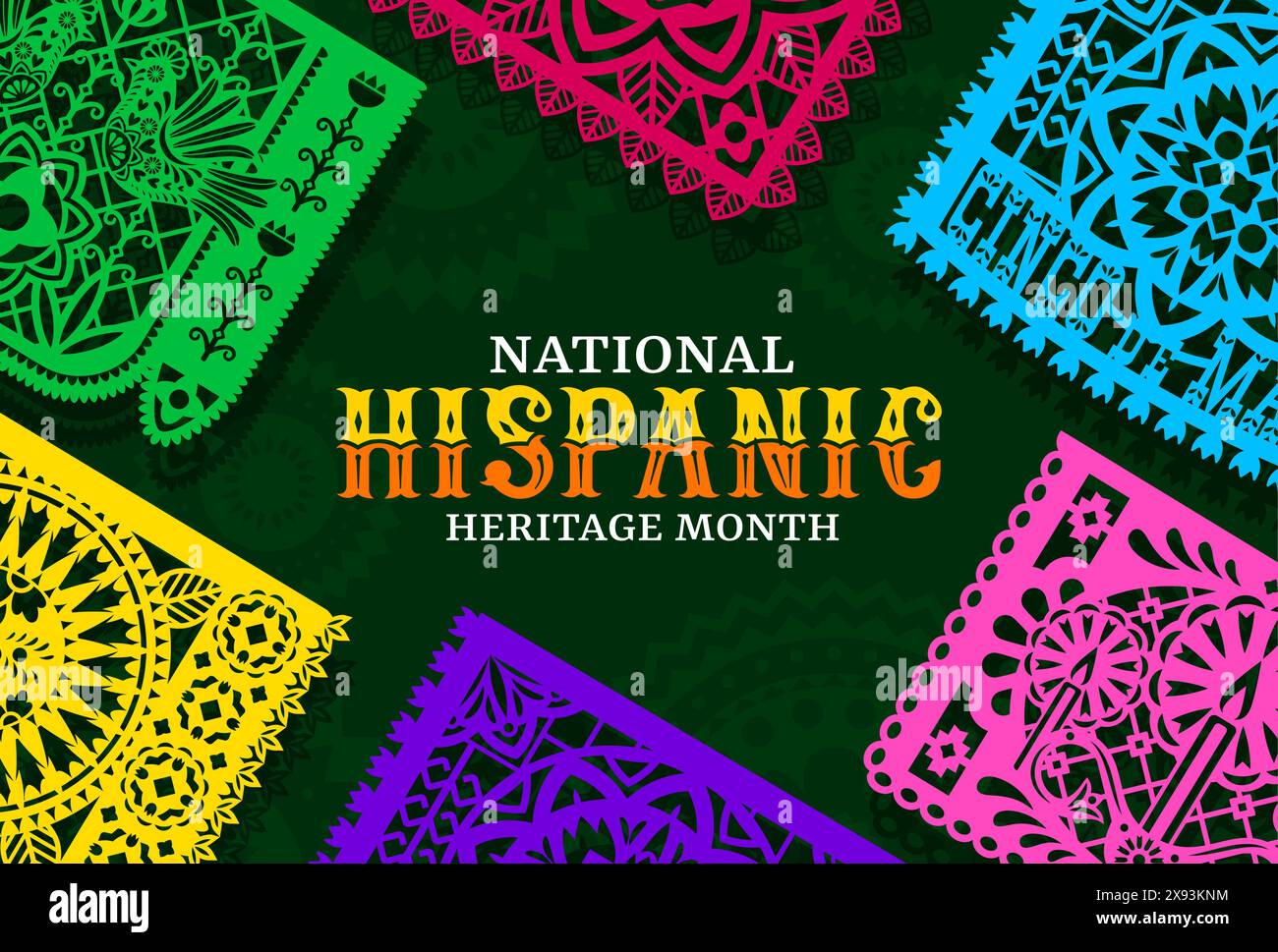 Papel picado or paper cut flags for national Hispanic heritage month, vector banner. Hispanic ...