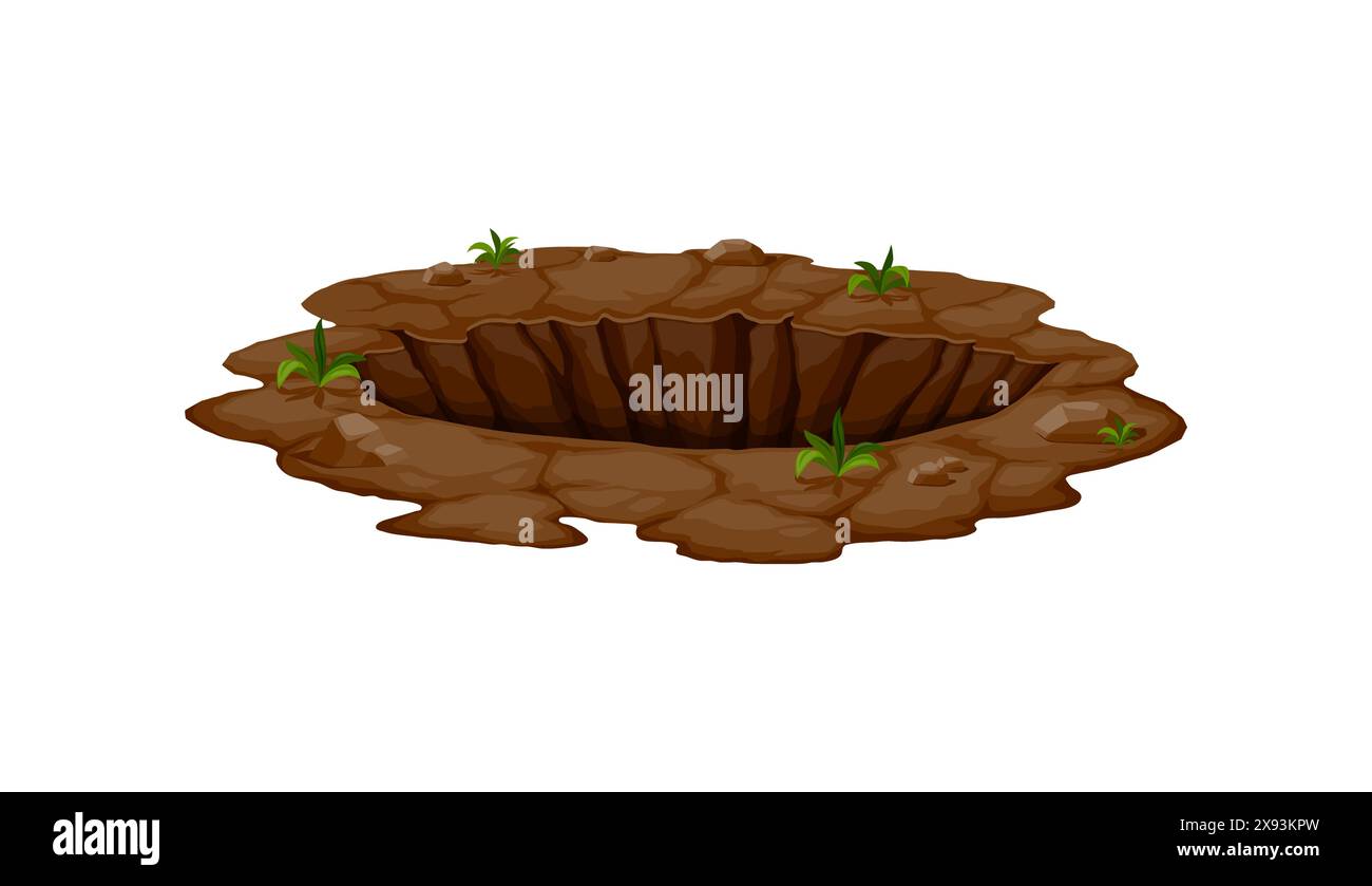 Ground hole, deep dirty pit and burrow. Natural gap surrounded by grass ...