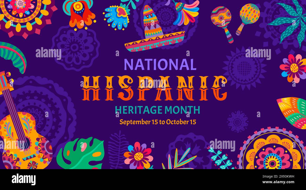 National hispanic heritage month flyer with sombrero, guitar and ...