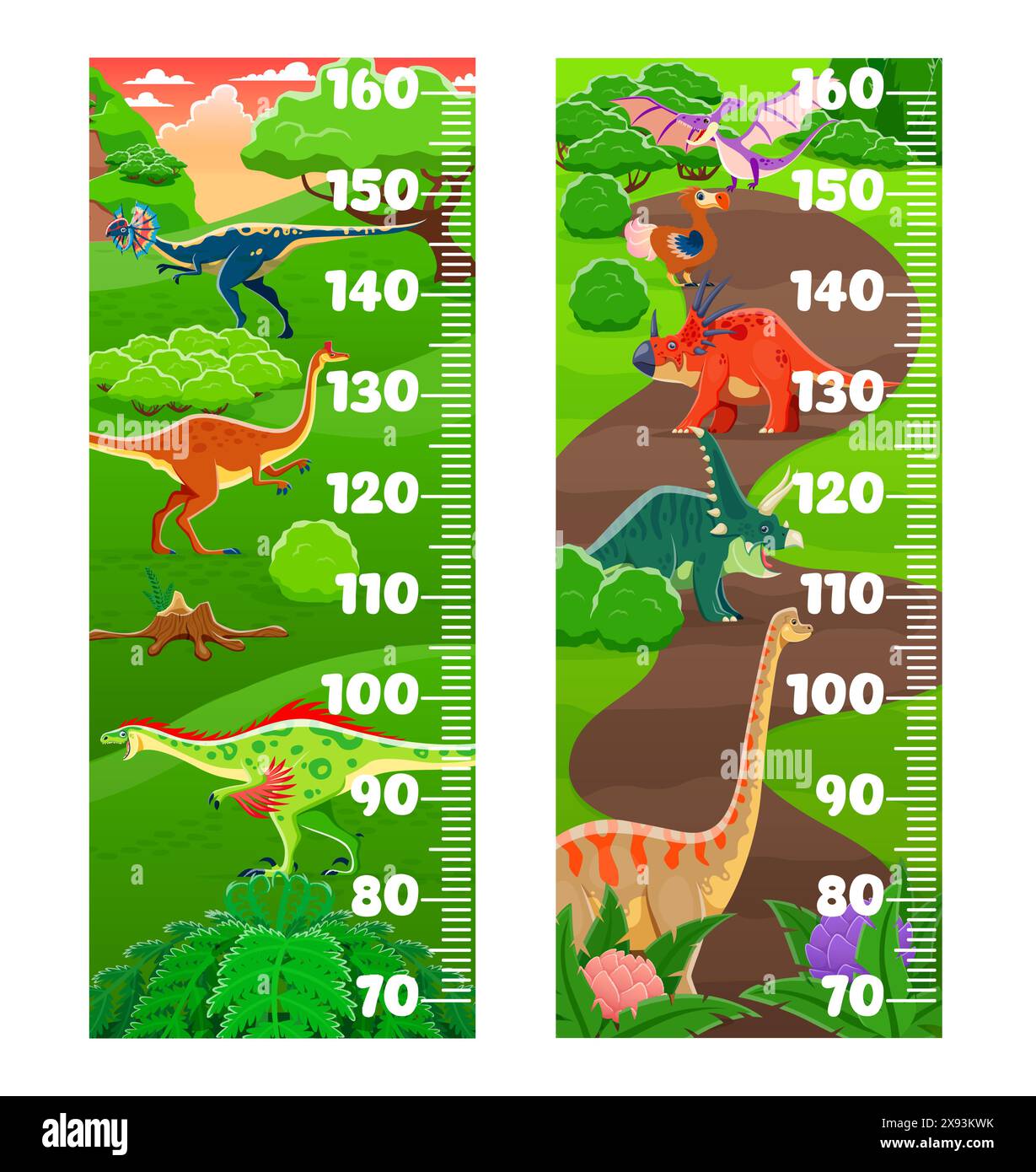 Kids height chart ruler with prehistoric dinosaurs. Vector growth meter ...