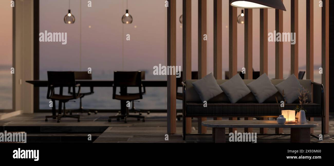 The interior design of a modern, luxurious office lounge at sunset ...