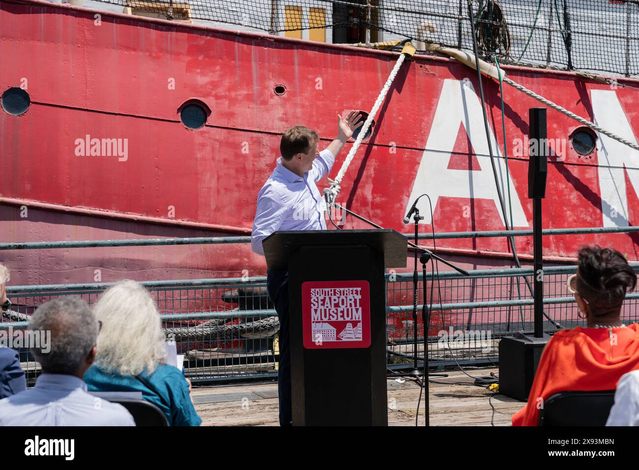 US Congressman Dan Goldman speaks during South Street Seaport Museum ...