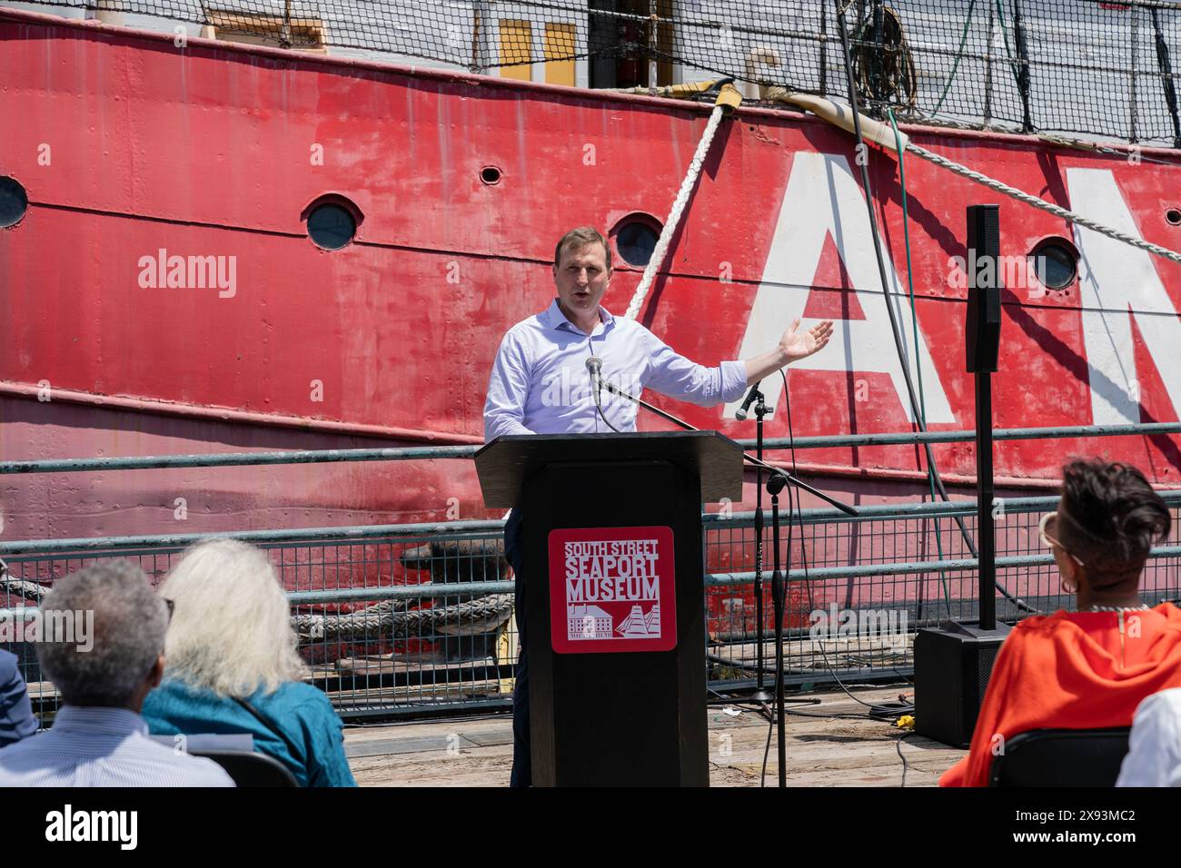 US Congressman Dan Goldman speaks during South Street Seaport Museum ...