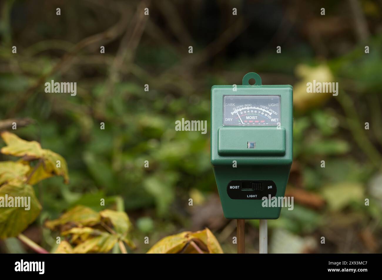 Soil moisture, light intensity and PH testing meter in close up ...