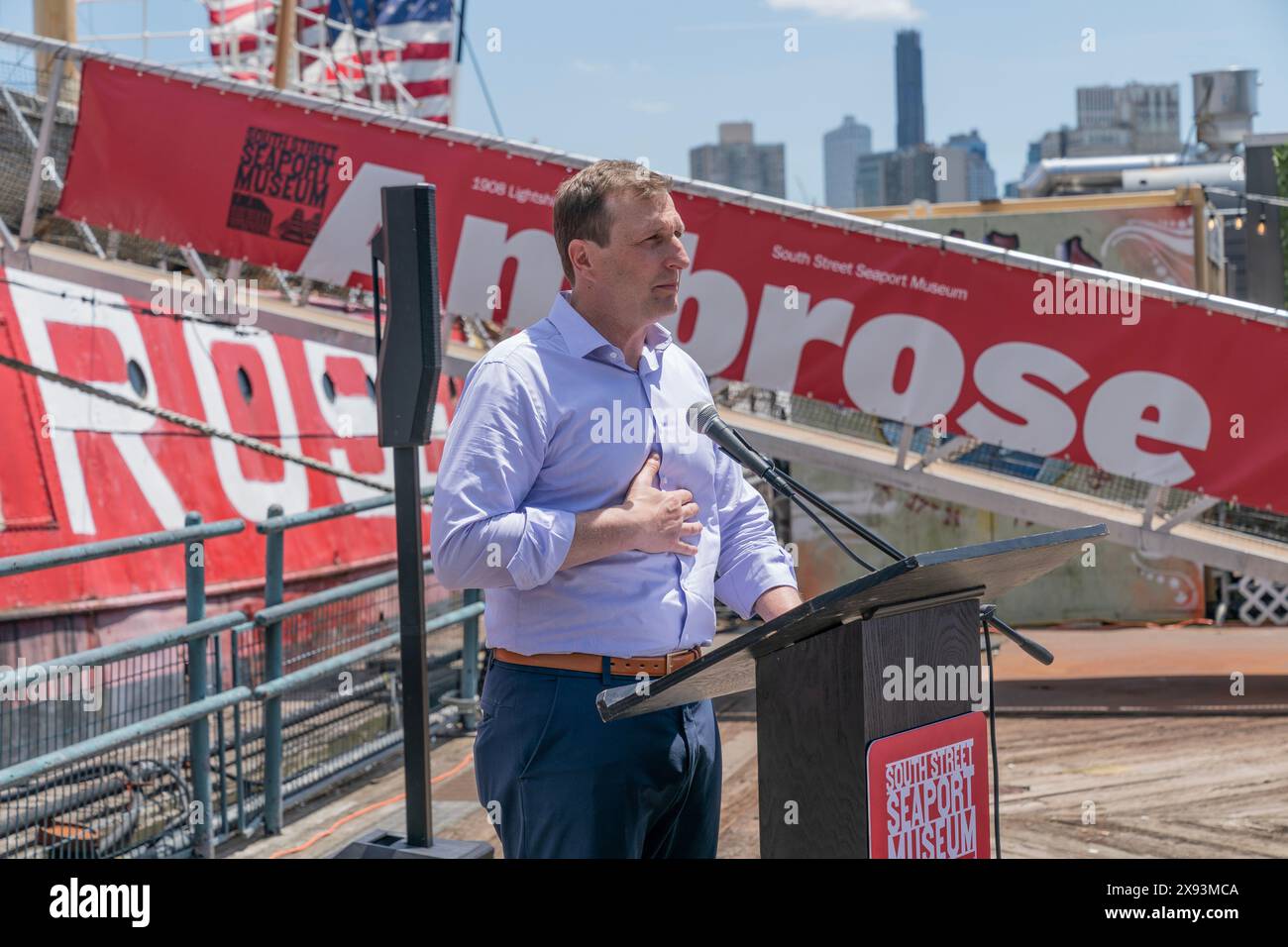 US Congressman Dan Goldman speaks during South Street Seaport Museum ...