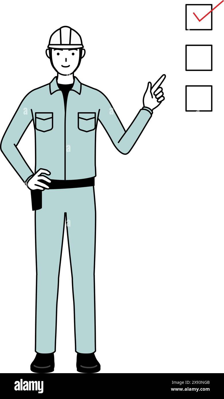 Man in helmet and workwear pointing to a checklist, Vector Illustration ...