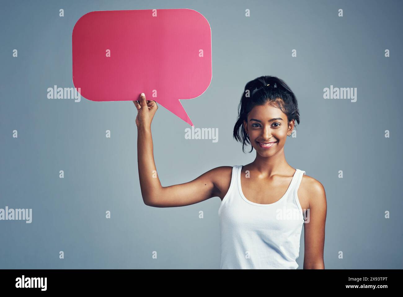 Speech bubble, girl and portrait in studio for social media, comment ...