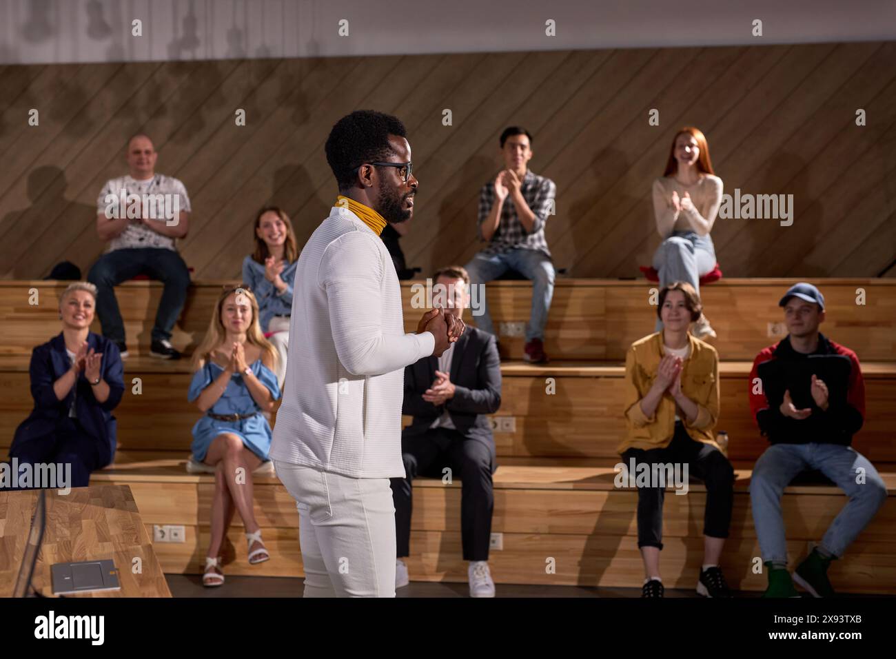 black african male Speaker giving presentation in lecture hall at ...