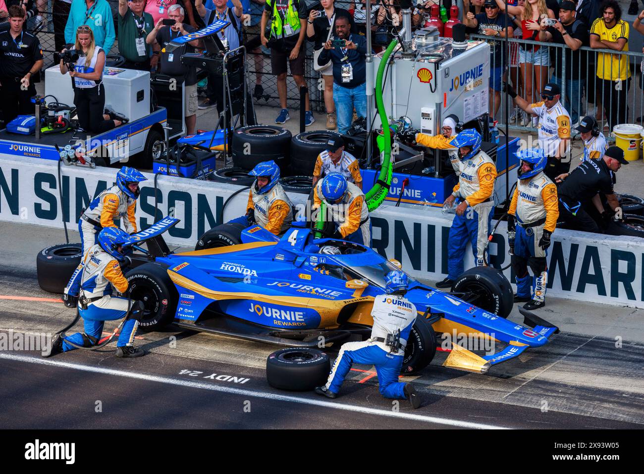 INDIANAPOLIS, INDIANA - MAY 26: Race car driver Kyffin Simpson (4) pits ...