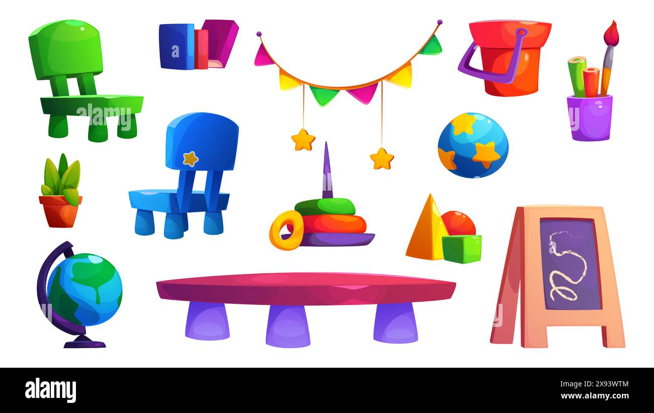Nursery and kindergarten room furniture cartoon set. School classroom ...