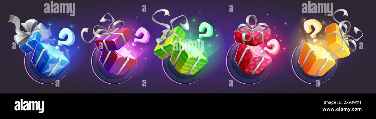 Set of gift boxes with question marks isolated on black background ...