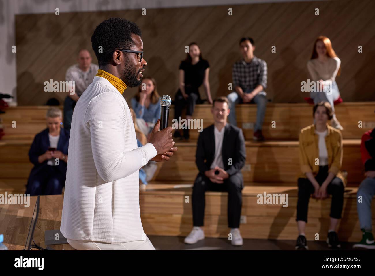 Side View Of Nice African American Teacher In White Clothing Lecturing ...