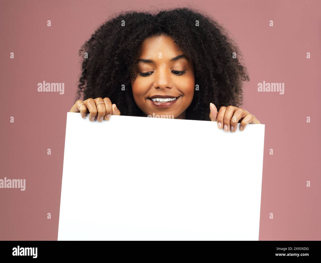 Advertising, mockup and placard with black woman in studio with ...