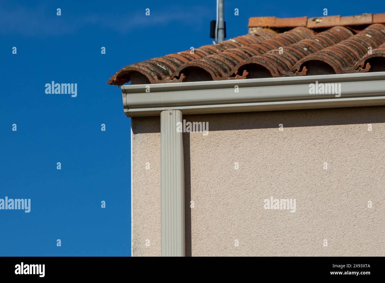 House corner flat roof rainwater head with steel gutter rain brown ...