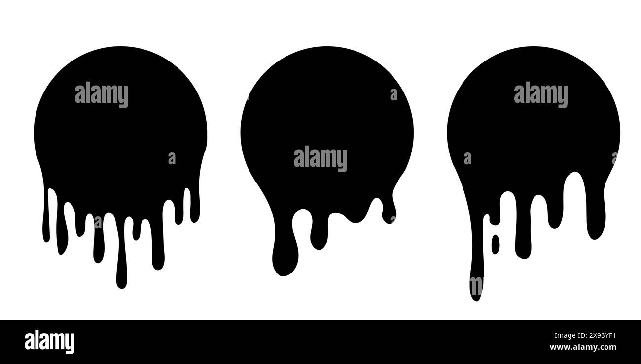 Paint drip circle labels. Black paint liquid. Ink drop set. Black ...