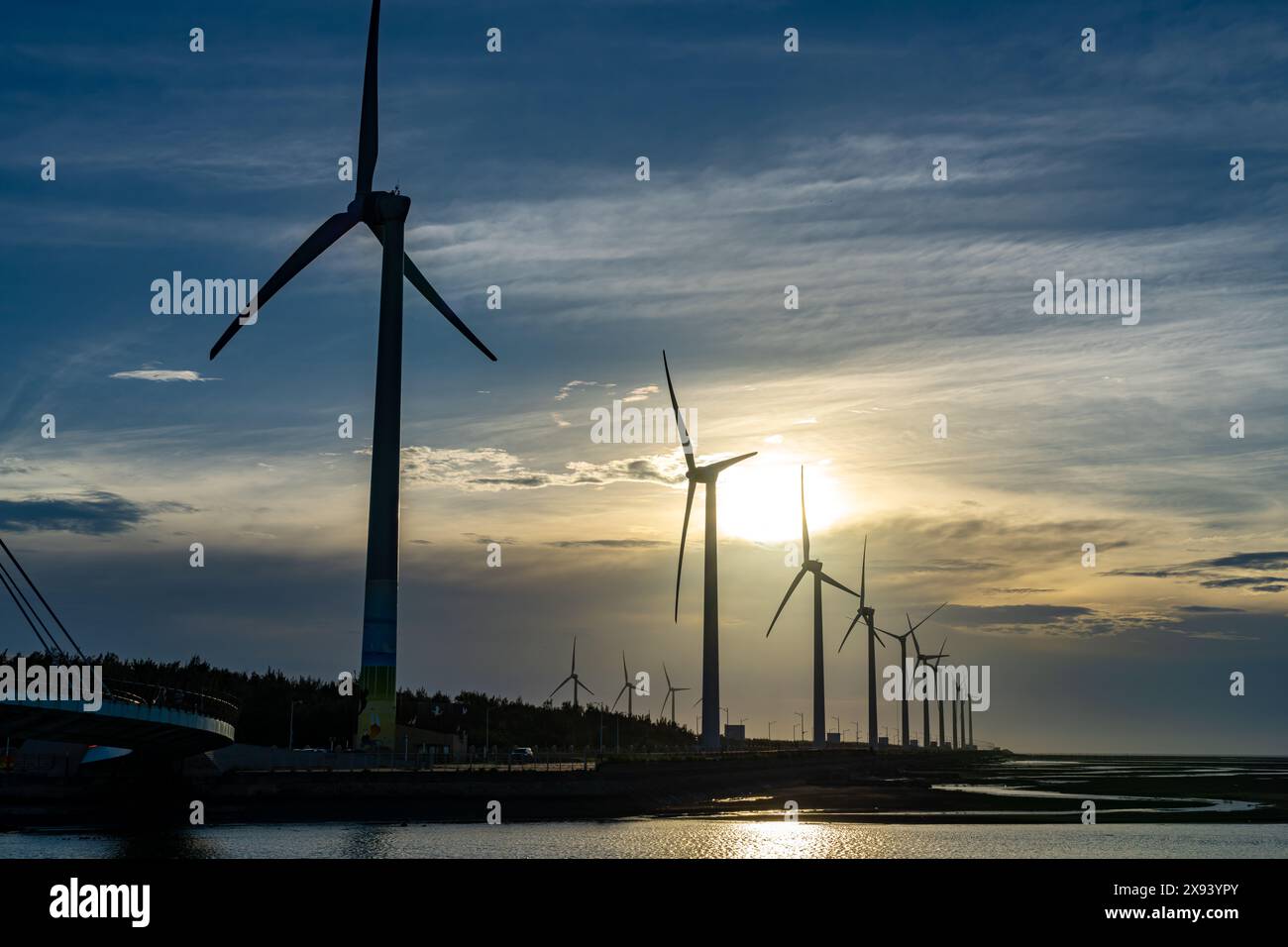 Wind turbines in Taichung Port Gaomei Wetlands Area. A popular scenic ...