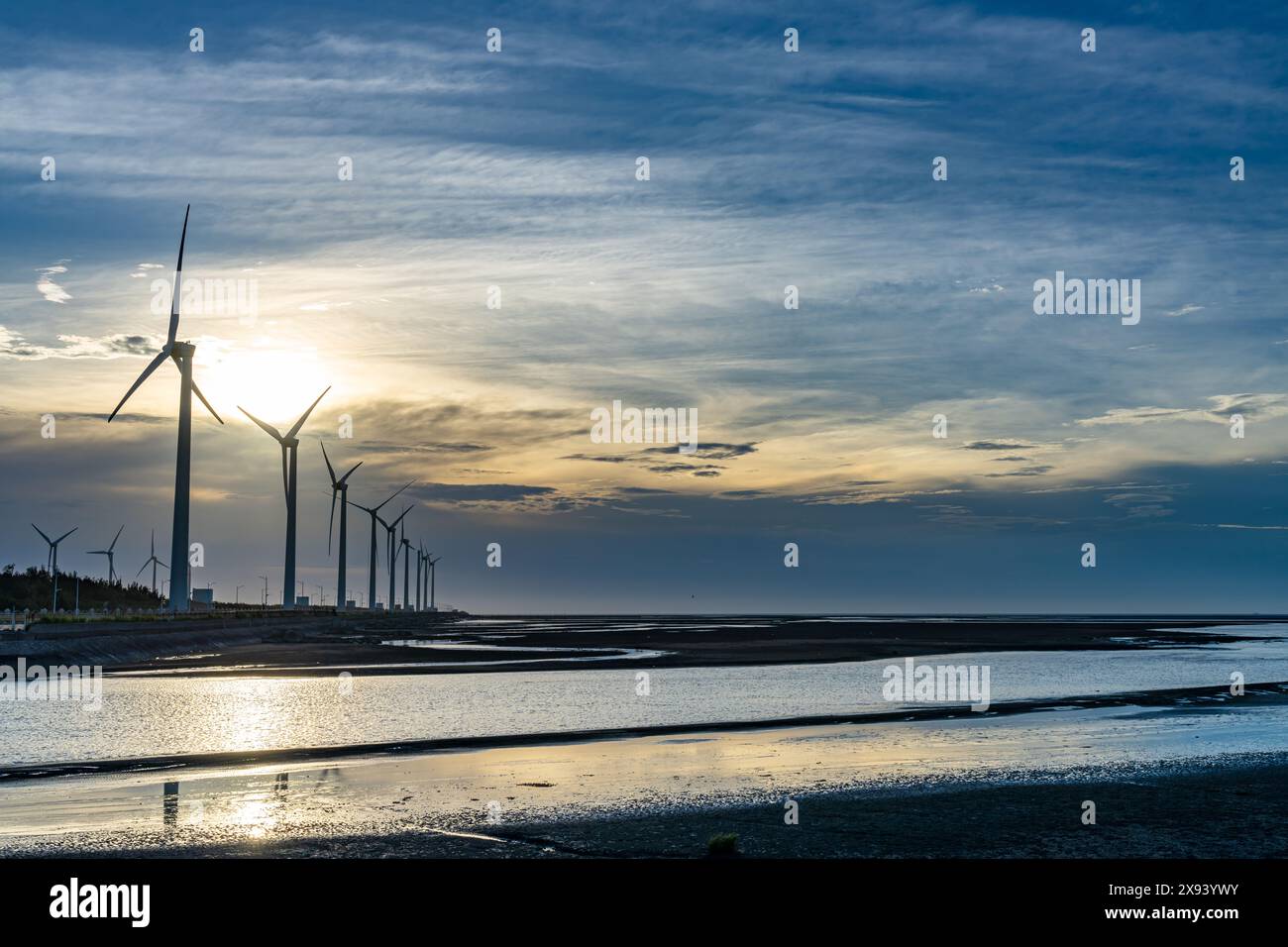 Wind turbines in Taichung Port Gaomei Wetlands Area. A popular scenic ...