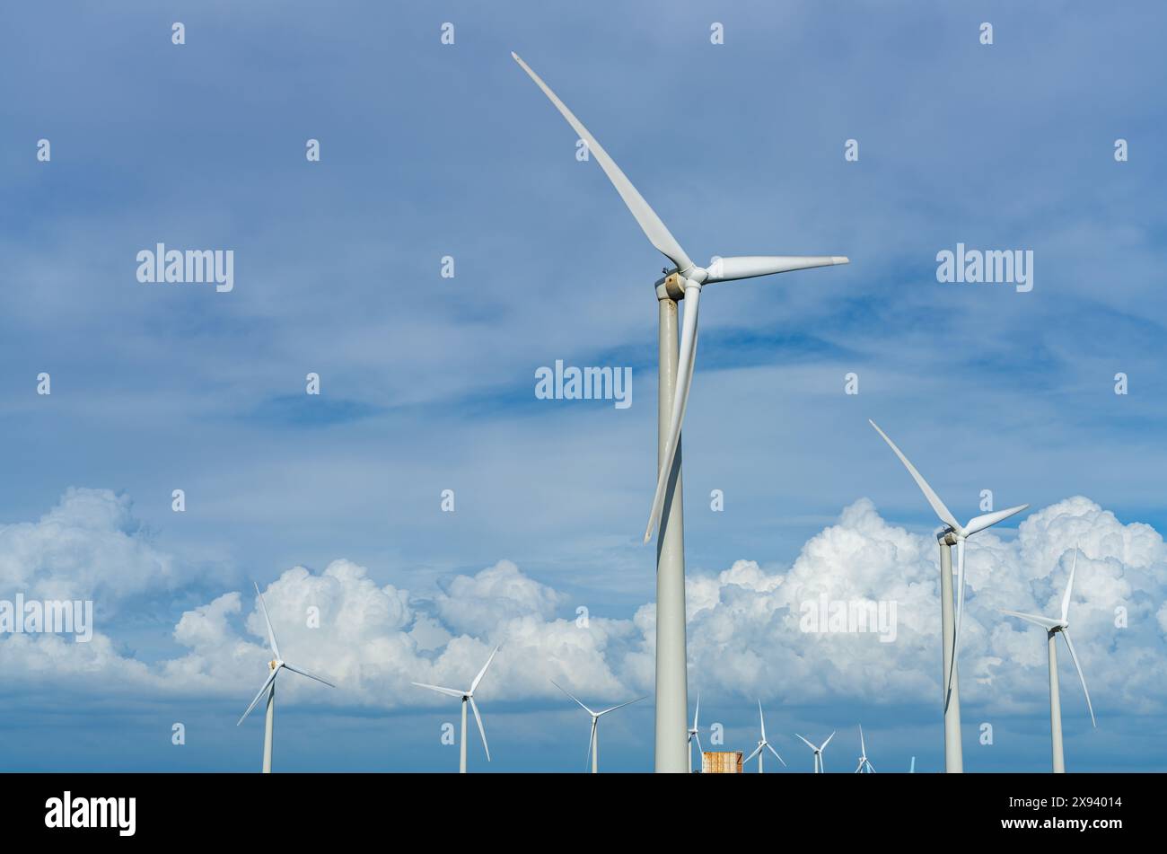Wind turbines in Taichung Port Gaomei Wetlands Area. A popular scenic ...