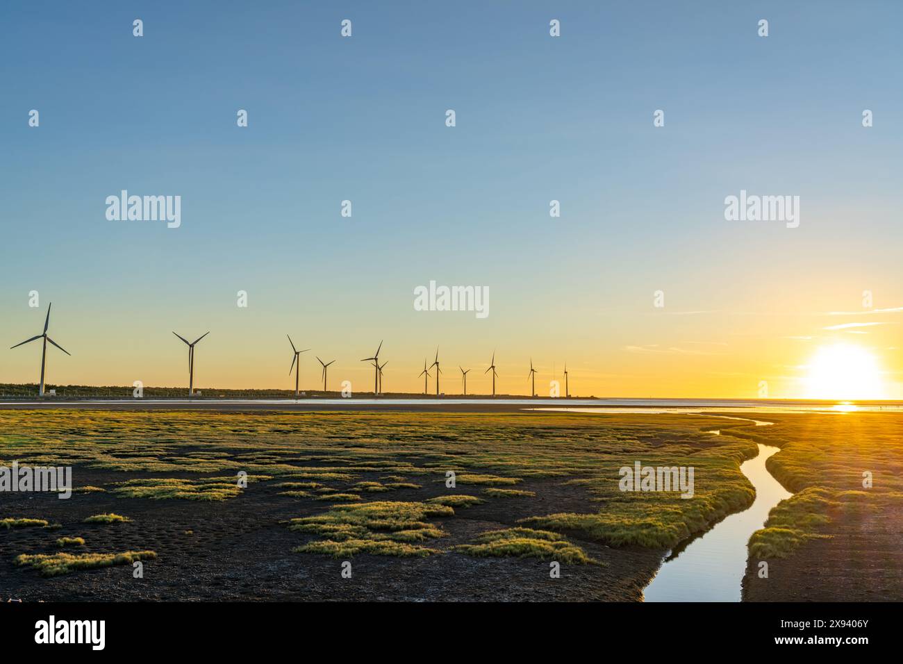Wind turbines in Taichung Port Gaomei Wetlands Area. A popular scenic ...