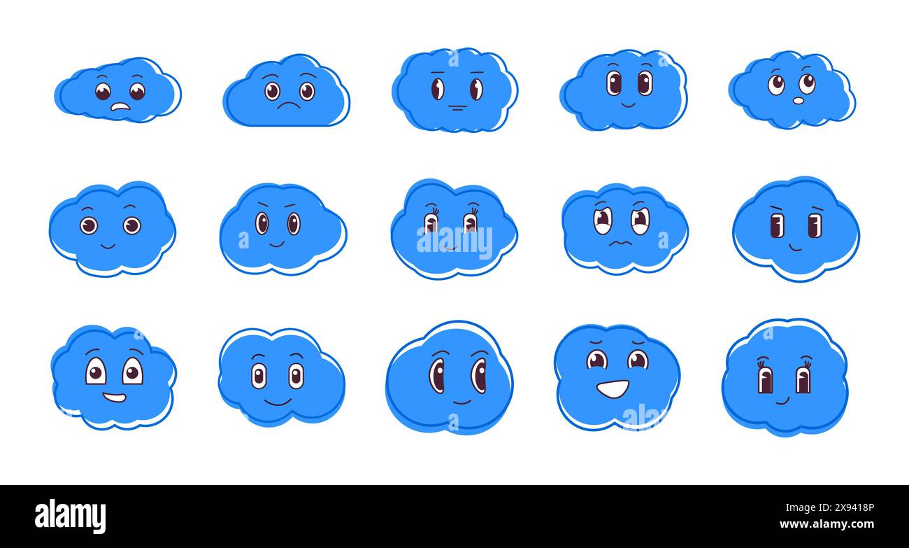 Clouds cartoon character set. Weather forecast and meteorology mascot ...