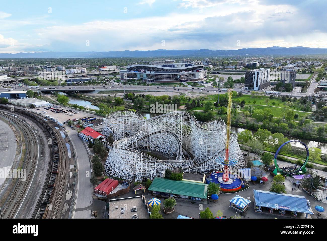 A general overall aerial view of the Elitch Gardens amusement Park ...