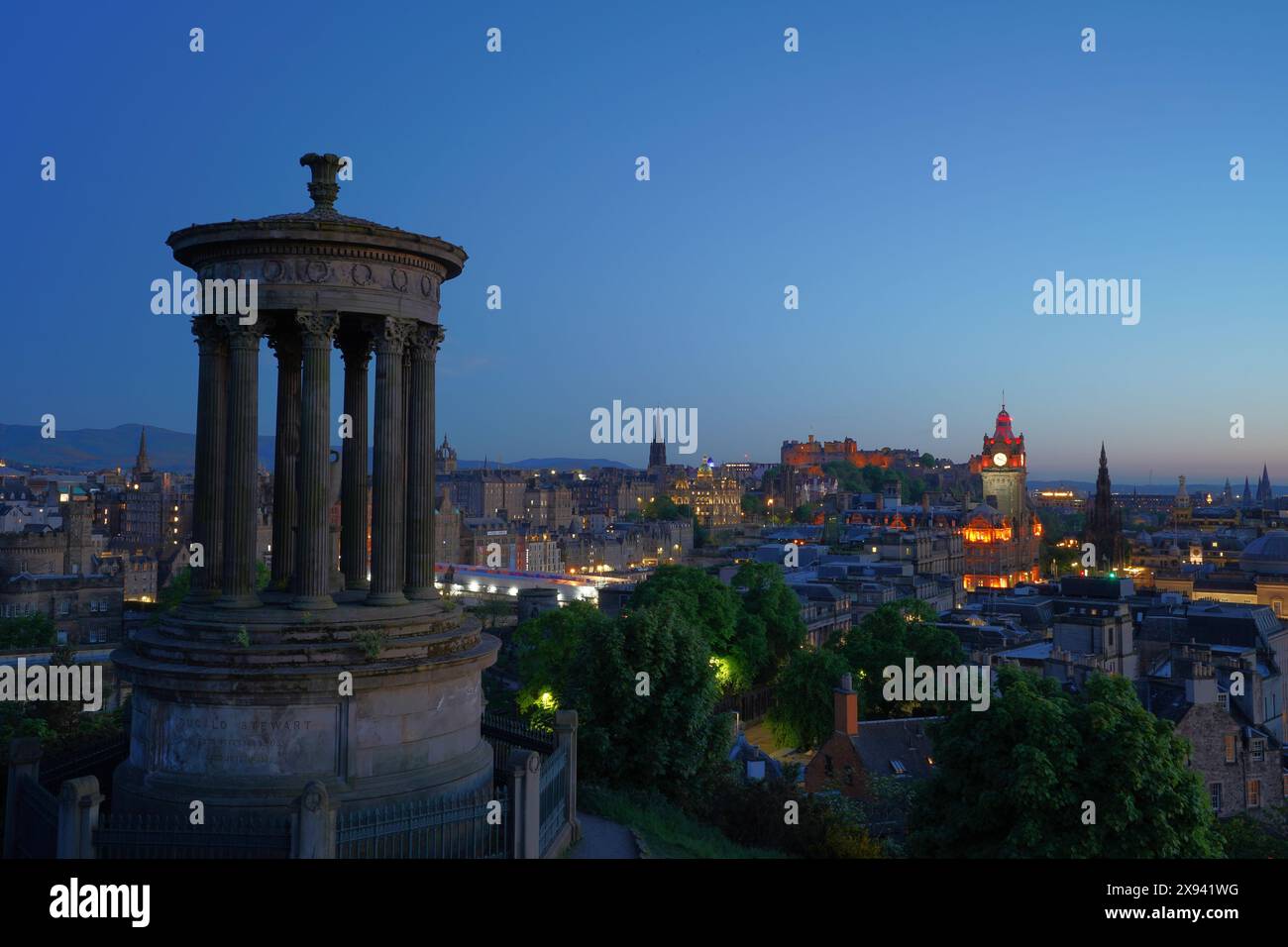 Edinburgh skyline from Calton Hill on a still cloudless evening at ...