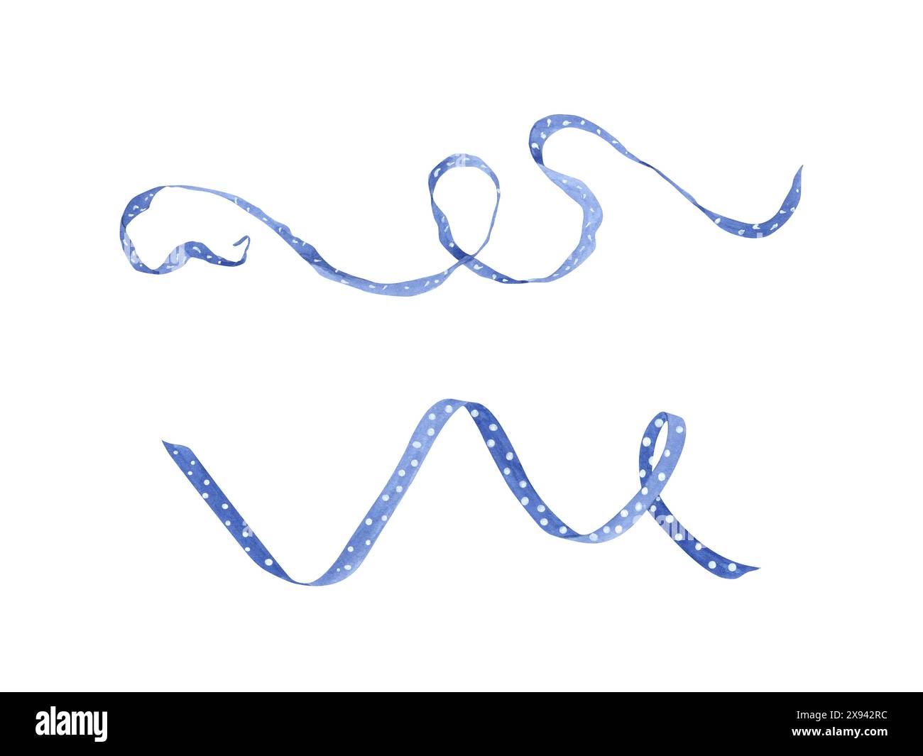 Two long simple ribbons. Blue ribbon with white dots. Watercolor ...