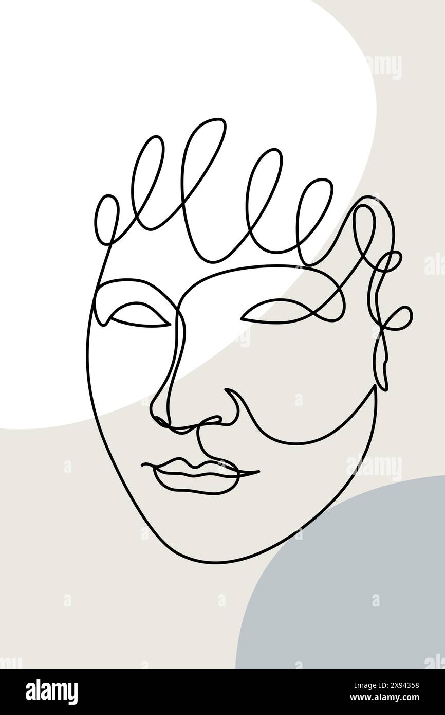 Card or poster with one single line drawing of female face and abstract ...