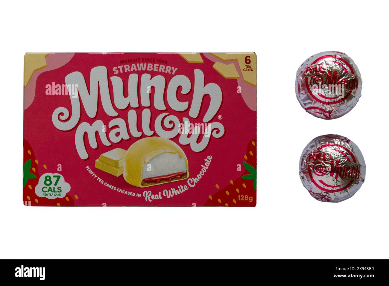 Box of Strawberry Munch Mallow with two removed isolated on white ...